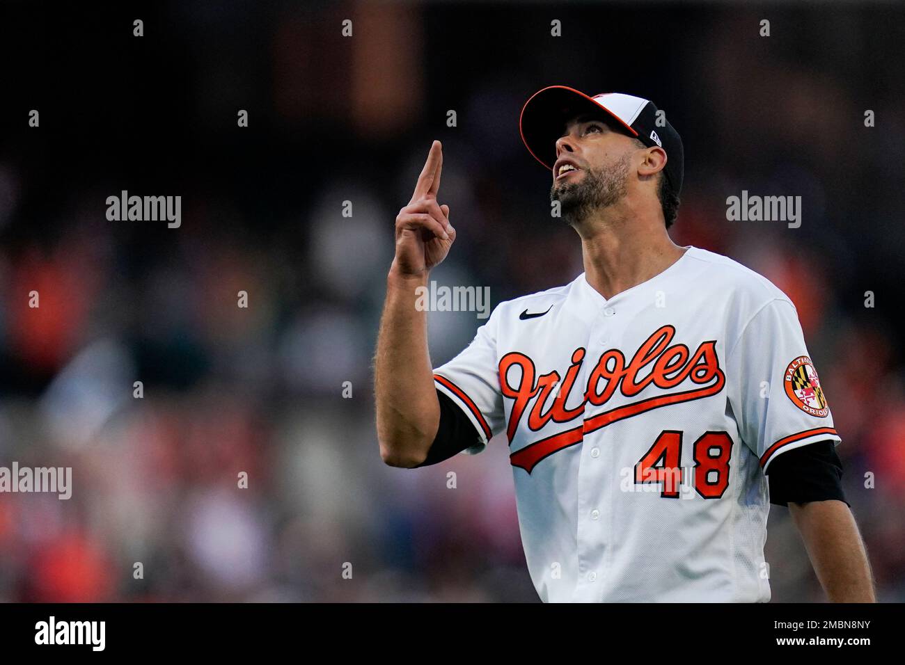 Baltimore Orioles relief pitcher Jorge Lopez reacts after a baseball ...