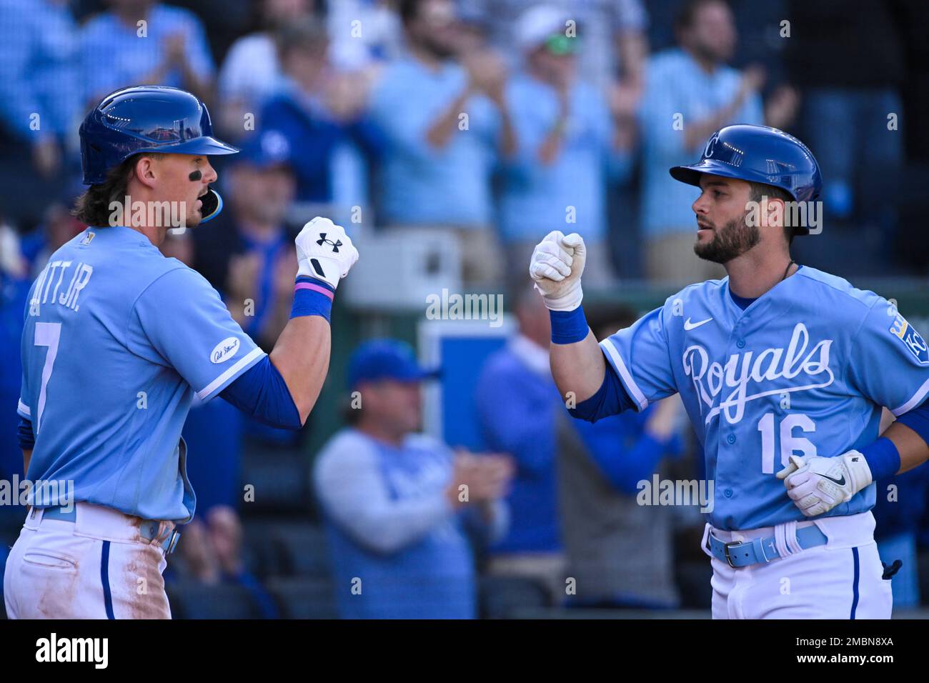 Kansas City Royals' Andrew Benintendi (16) celebrates with teammate ...