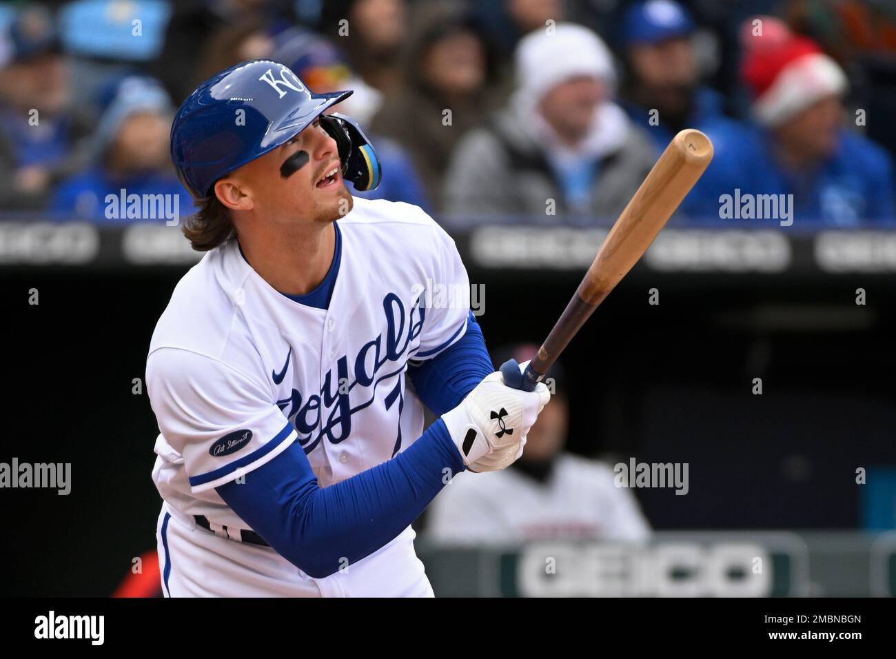 Kansas City Royals' Bobby Witt Jr. watches a fly ball off his bat ...