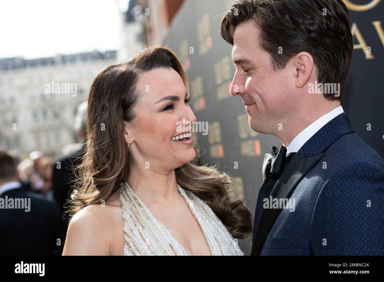 Samantha Barks and Alex Michael Stoll pose for photographers upon arrival at the Olivier Awards ...