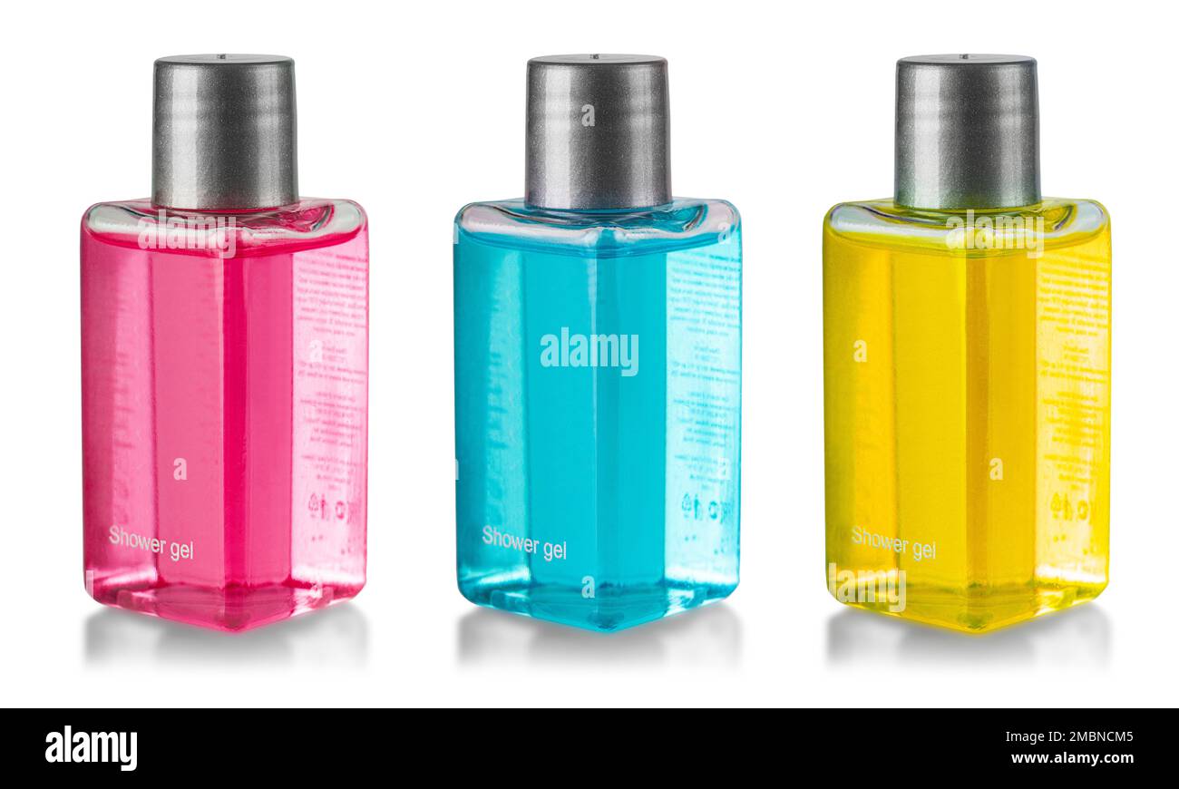 The set of bottles with colored shower gel isolated on white background ...