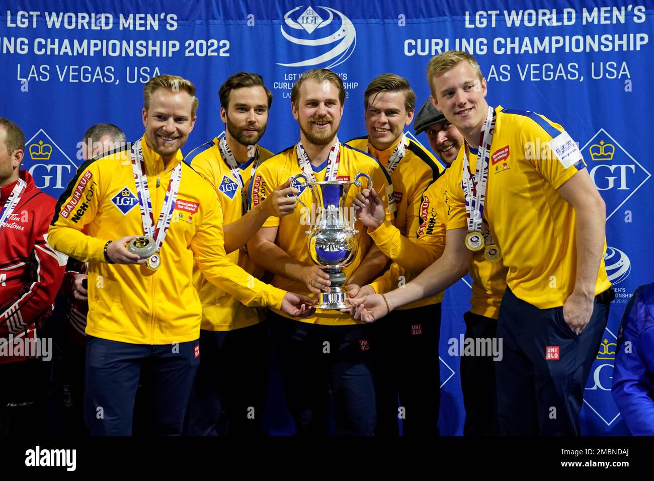 Gold medal finishers Sweden pose with the trophy after the World Men's ...