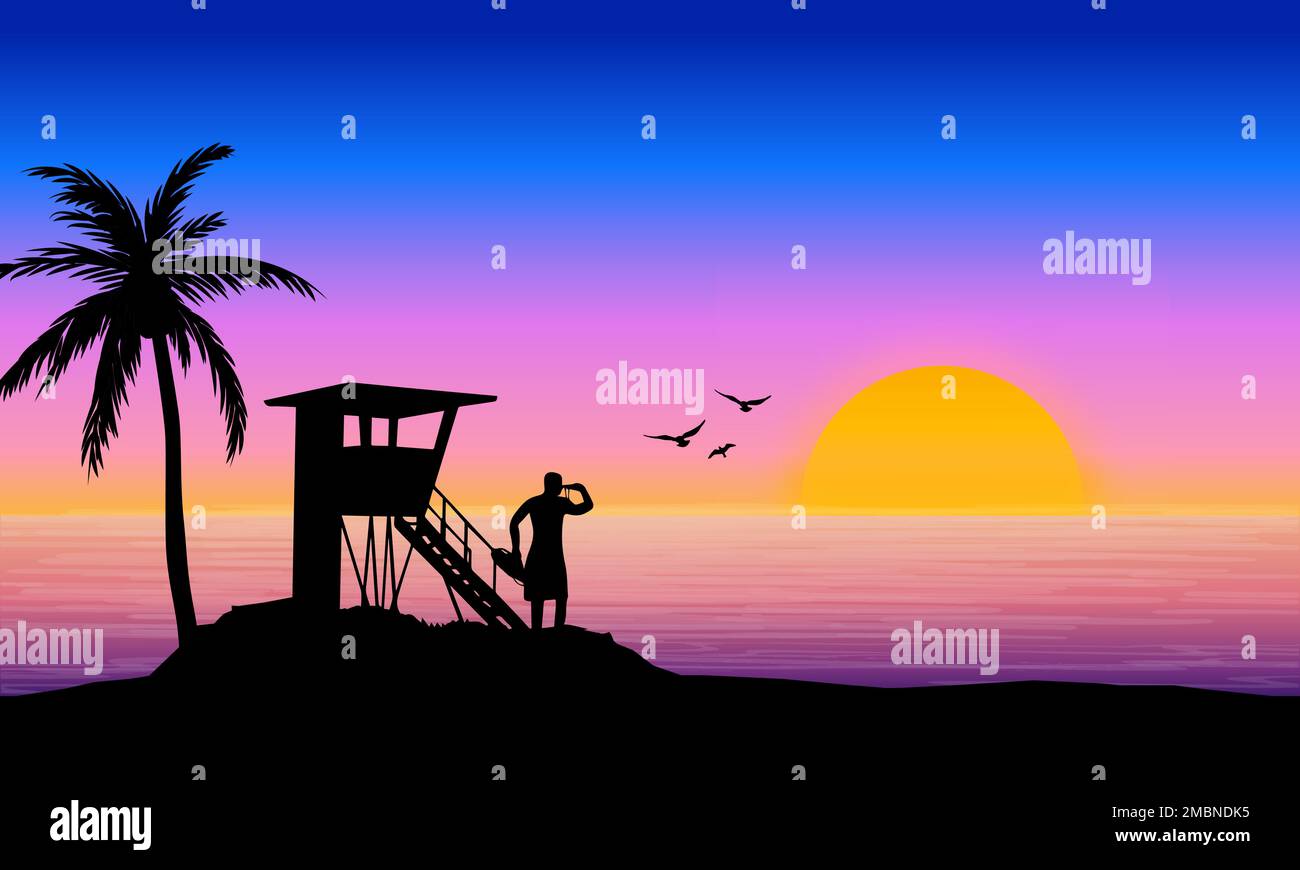 Exotic Beach Landscape with Lifeguard and palm tree in 80's synthwave ...