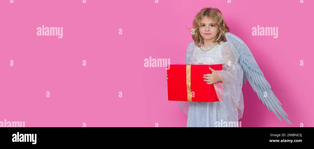 Cute kid angel with gift box present. Beautiful little angel. Isolated ...