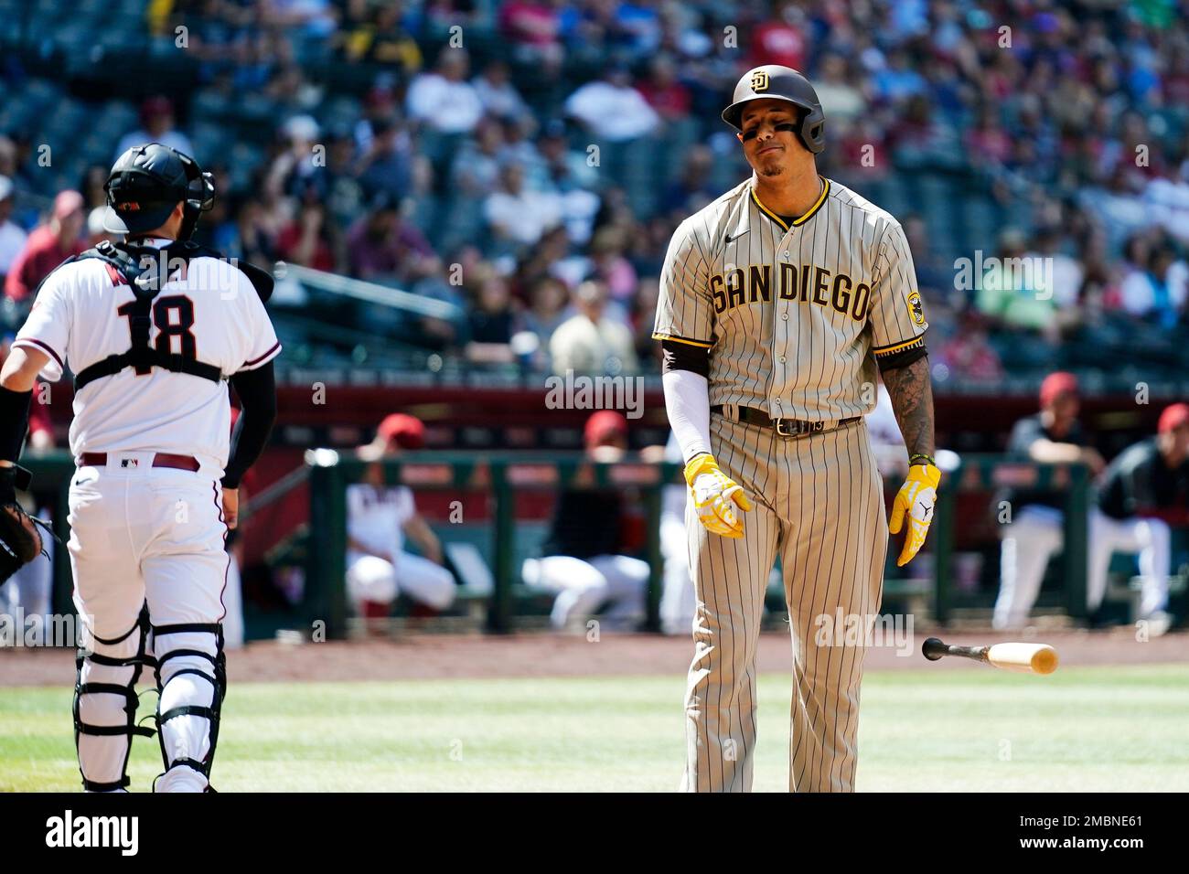 San Diego Padres' Manny Machado flips his bat to the ground after being ...