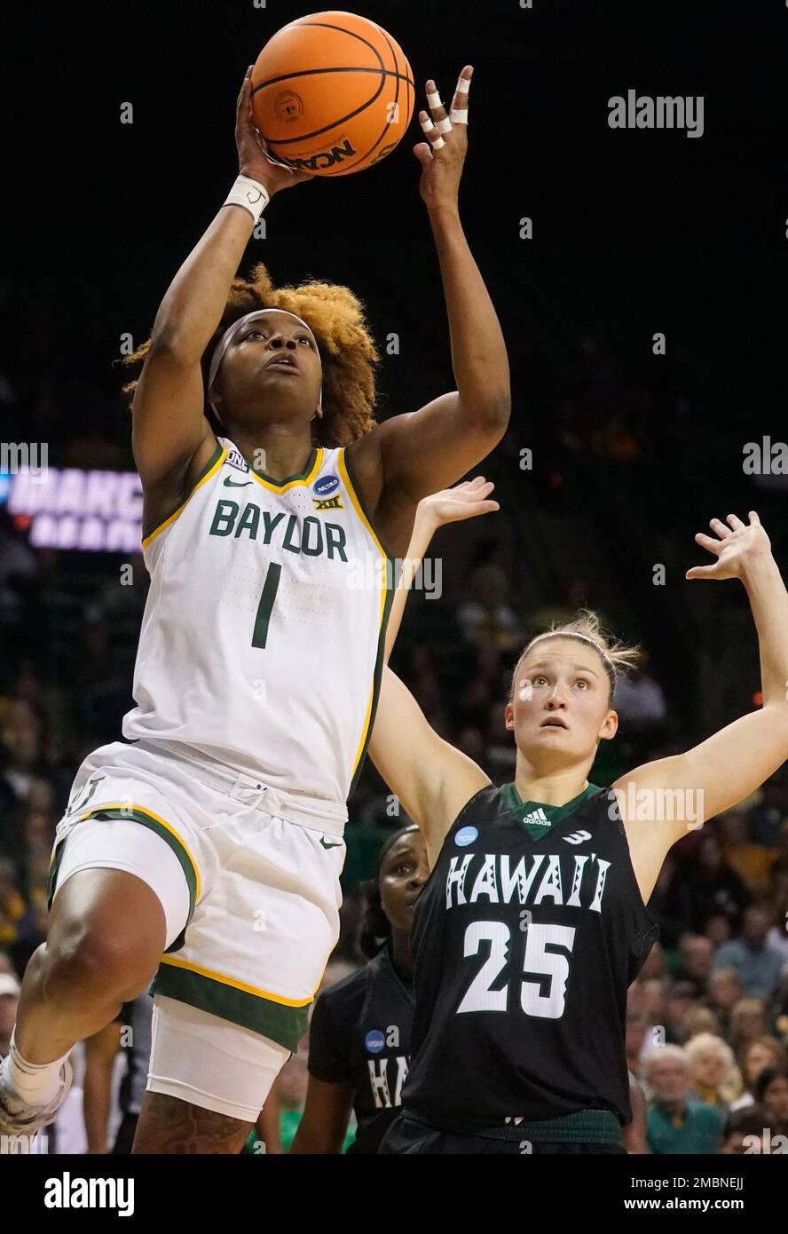 FILE - Baylor forward NaLyssa Smith (1) shoots against Hawaii forward ...