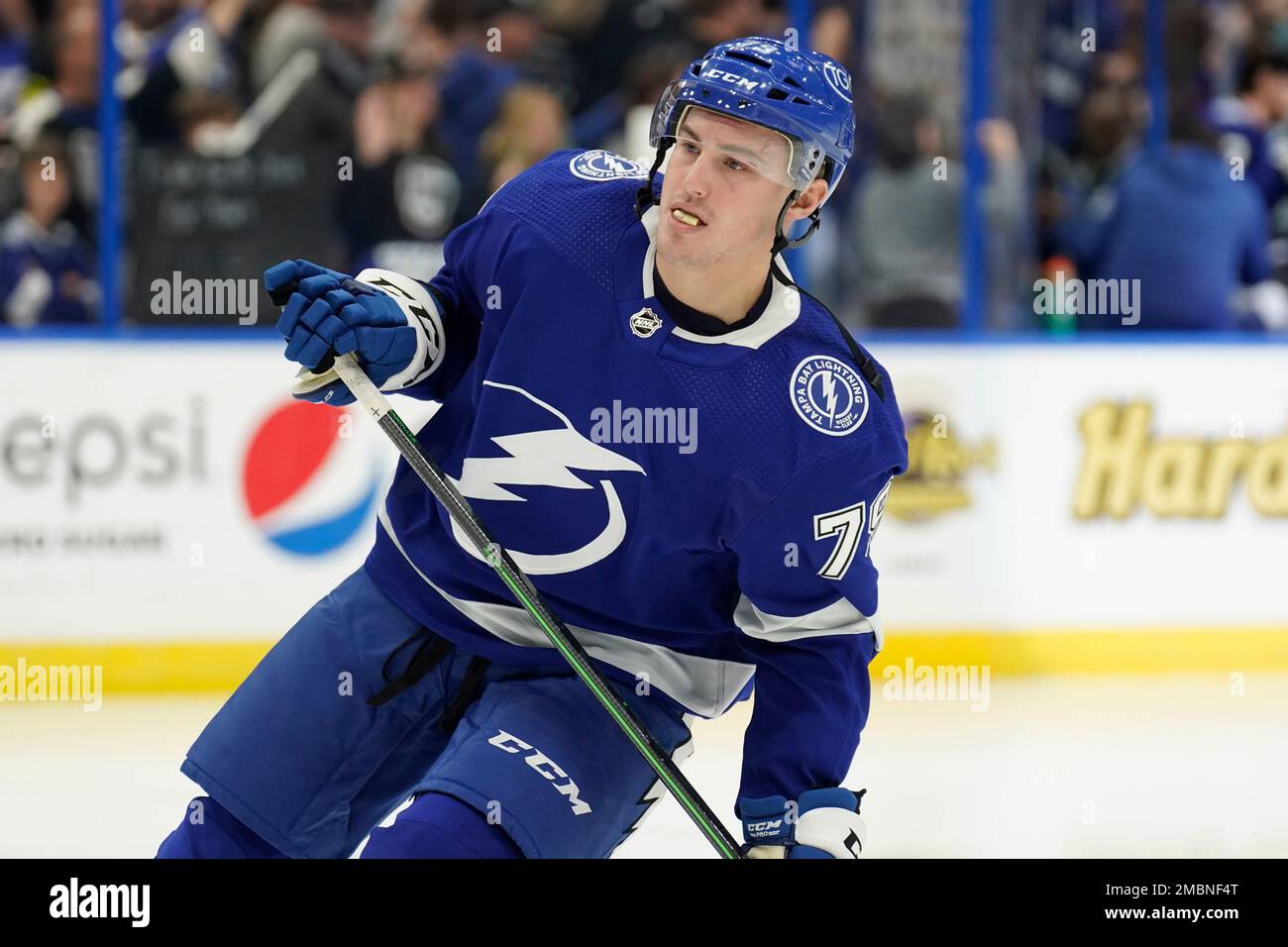 Tampa Bay Lightning center Ross Colton (79) before an NHL hockey game ...