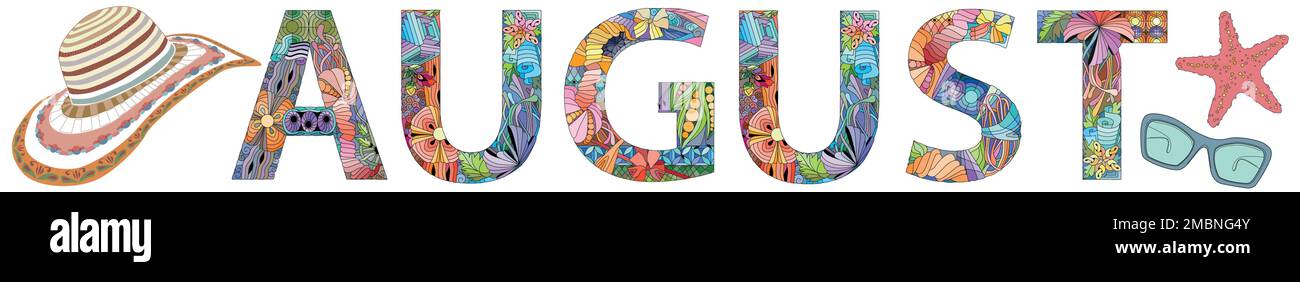 Hand-painted art design. Hand drawn illustration word AUGUST for t ...