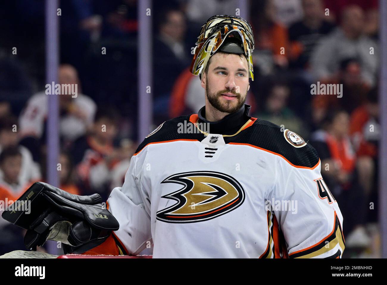Anaheim Ducks goaltender Anthony Stolarz in action during an NHL hockey ...