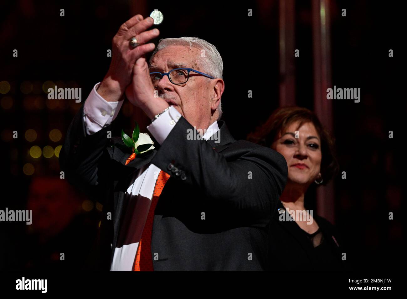 Philadelphia Flyers public address announcer Lou Nolan is honored prior ...