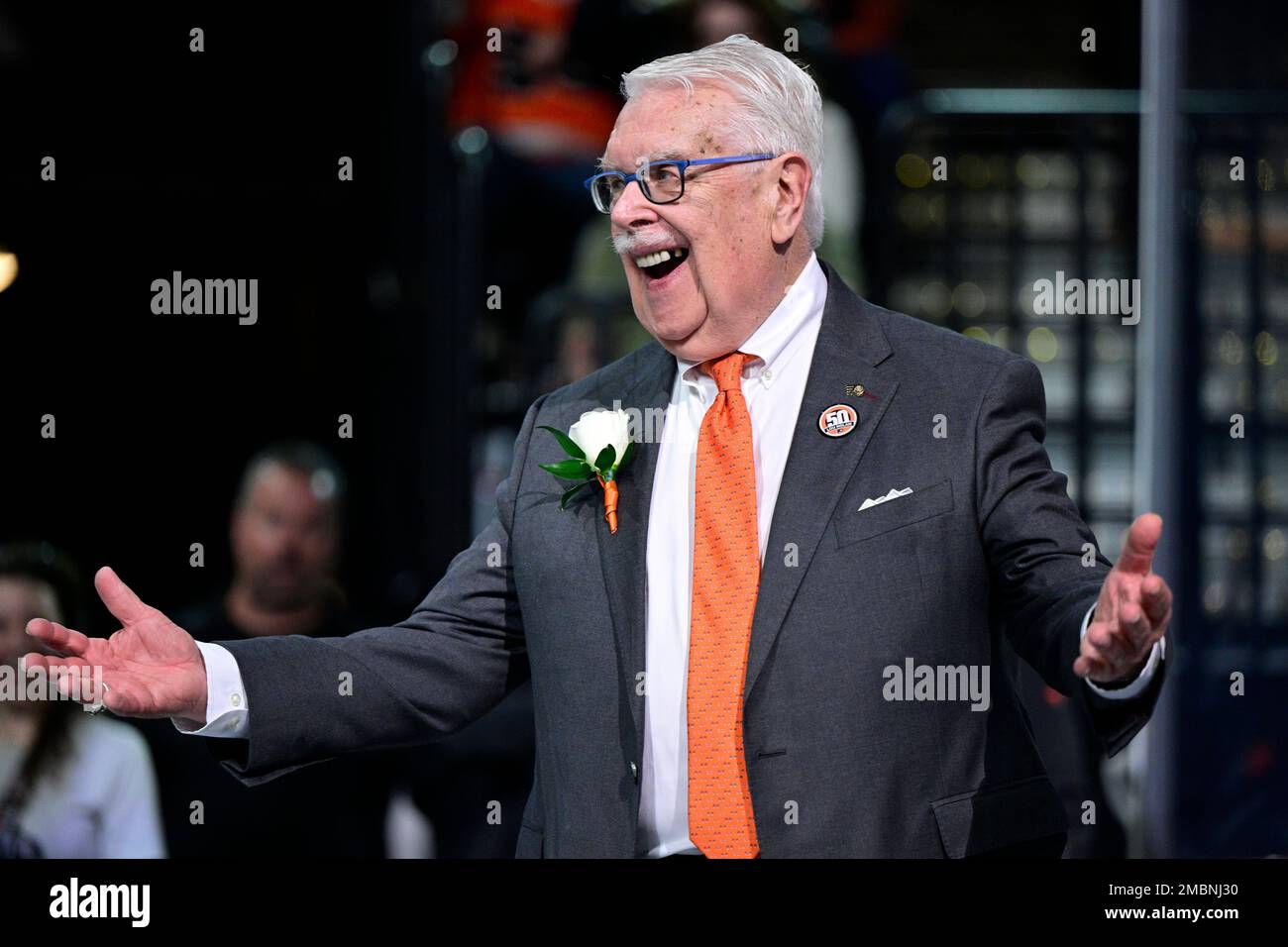 Philadelphia Flyers public address announcer Lou Nolan is honored prior ...