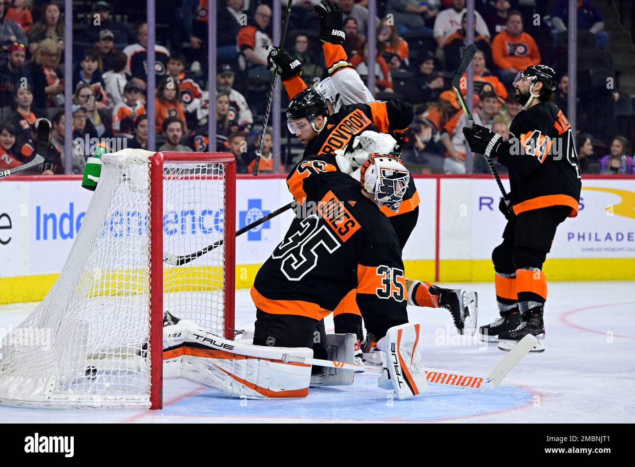 Philadelphia Flyers goaltender Martin Jones (35) is unable to make a ...