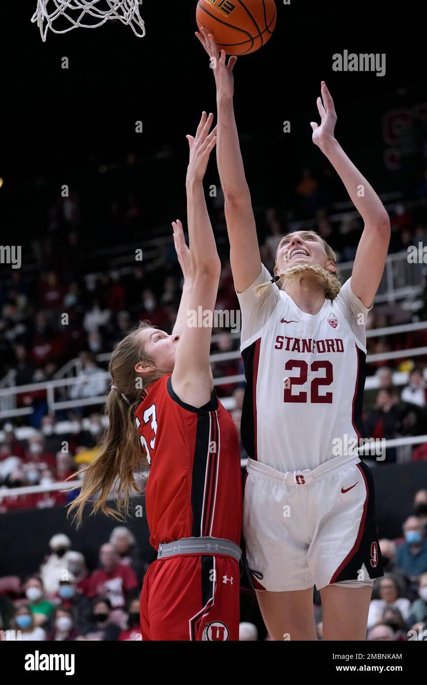 Stanford forward Cameron Brink, right, shoots over Utah forward Kelsey ...