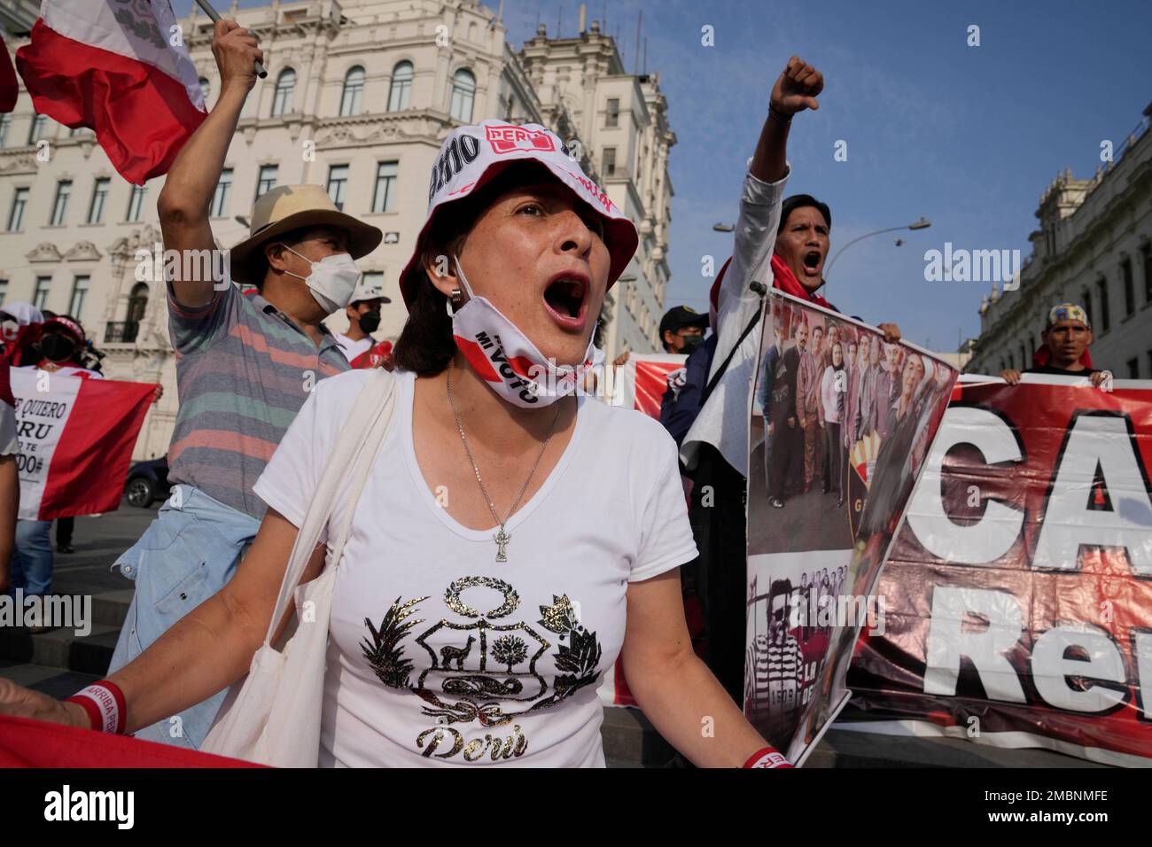Anti-government demonstrators march in Lima, Peru, Saturday, April 9 ...