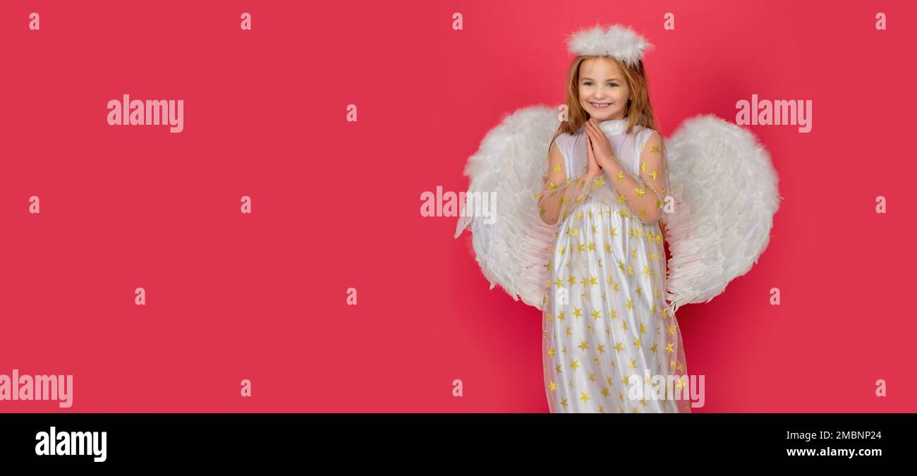 Valentines day banner with angel child pray. Angel child girl with ...