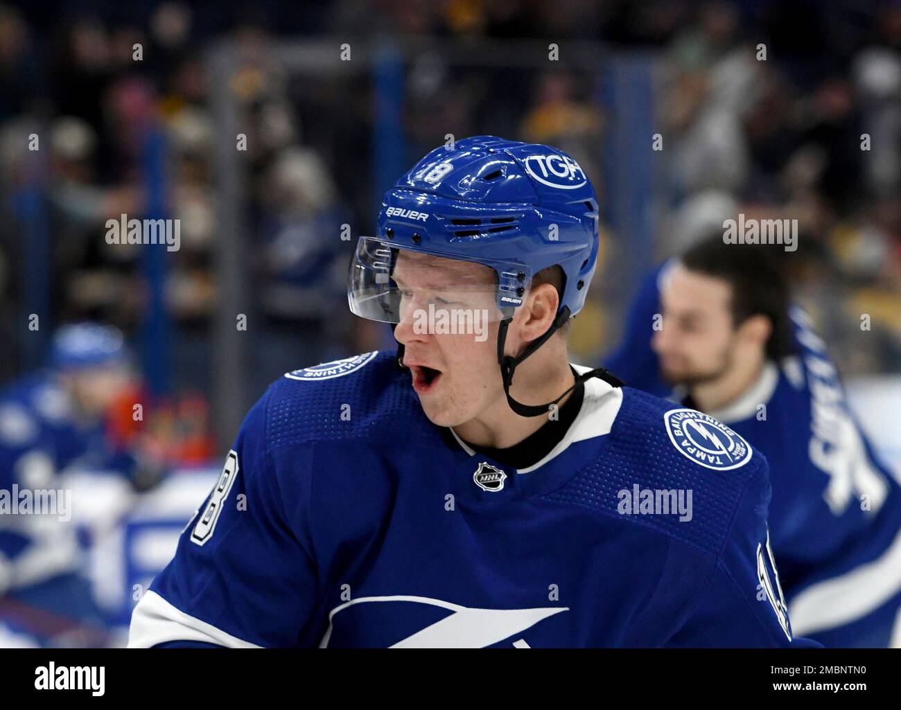 Tampa Bay Lightning left wing Ondrej Palat (18) warms up prior to an ...