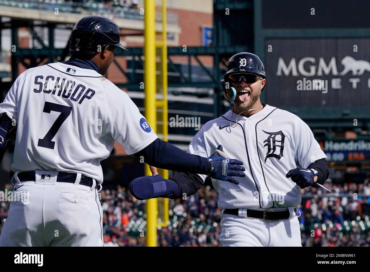 Detroit Tigers' Austin Meadows is greeted by teammate Jonathan Schoop ...