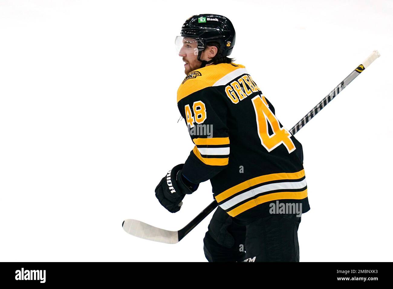 Boston Bruins defenseman Matt Grzelcyk (48) during an NHL hockey game, Friday, April 8, 2022, in ...