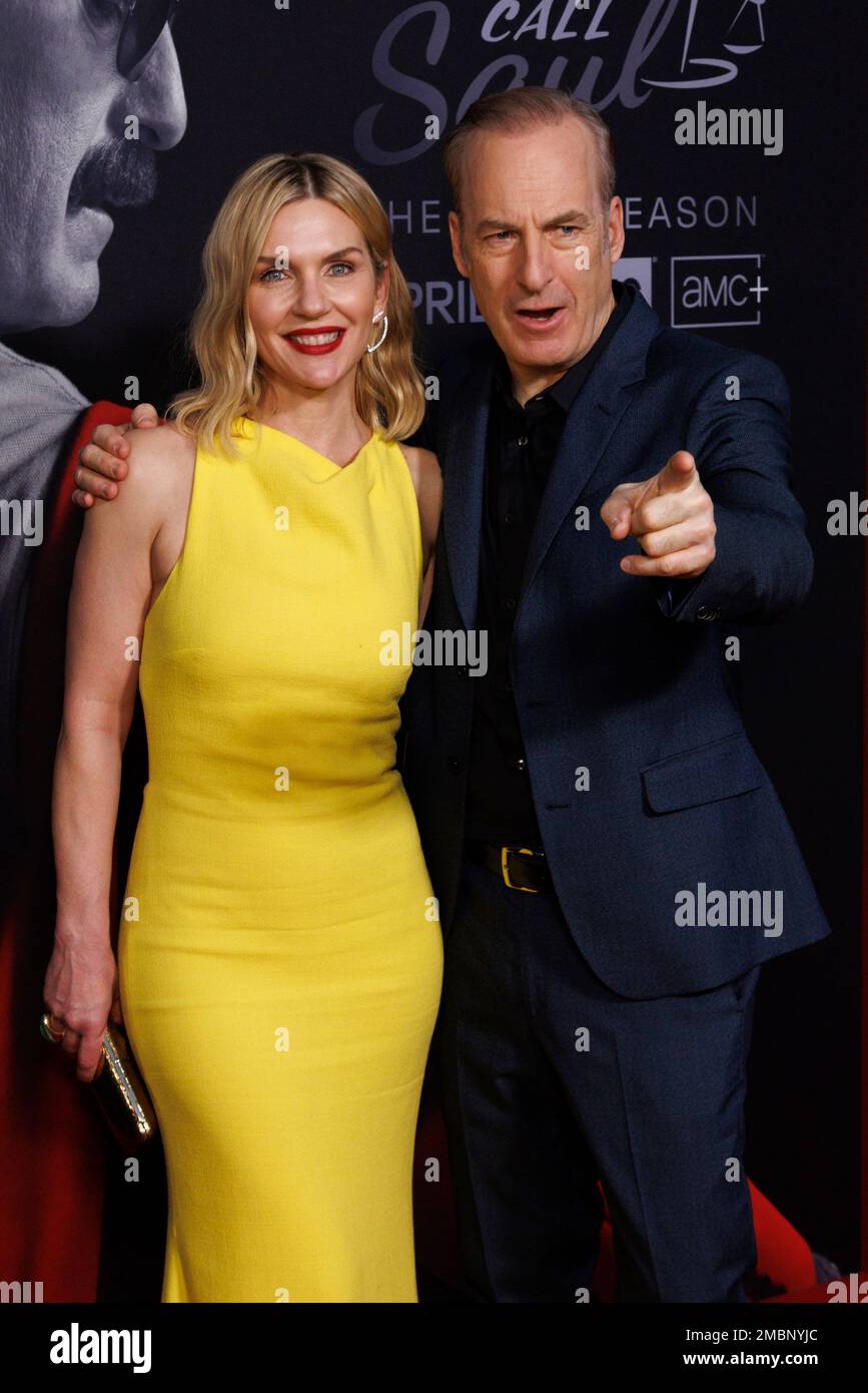 Rhea Seehorn, left and Bob Odenkirk arrive at the premiere of the final ...