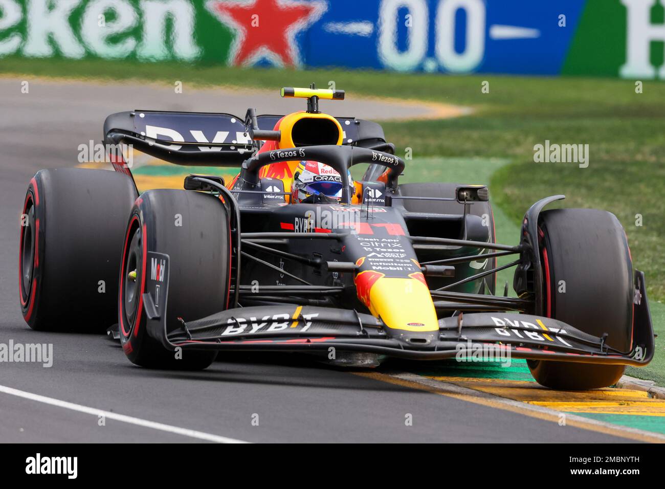 Red Bull driver Sergio Perez of Mexico steers his car during the second practice session for the ...