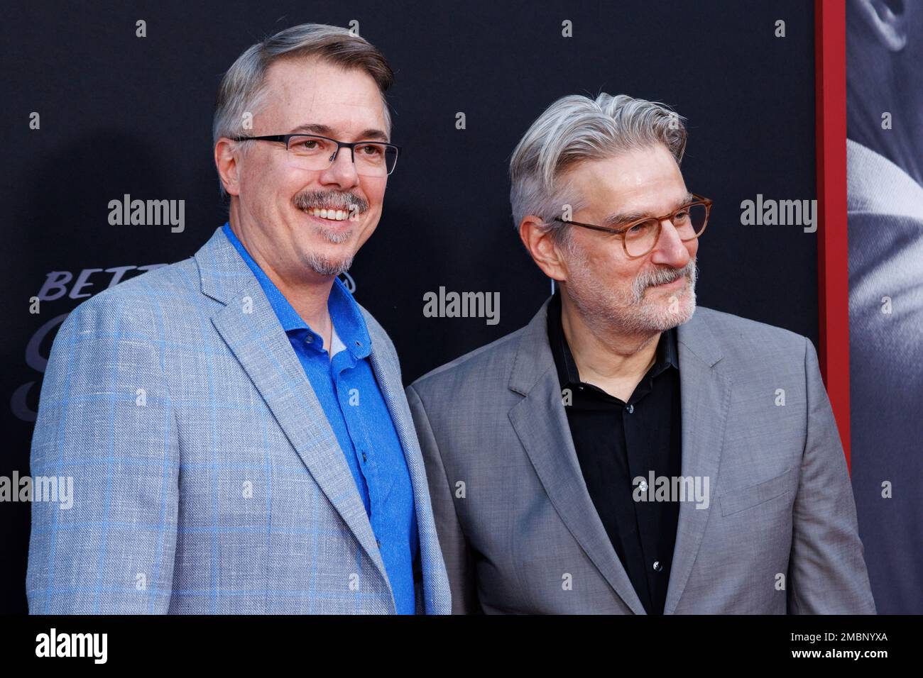 Vince Gillian, left and Peter Gould arrive at the premiere of the final ...