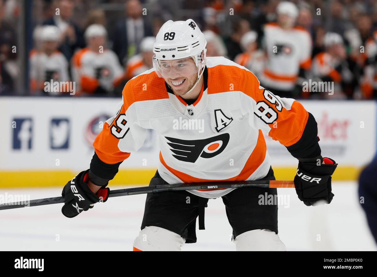 Philadelphia Flyers' Cam Atkinson plays against the Columbus Blue ...