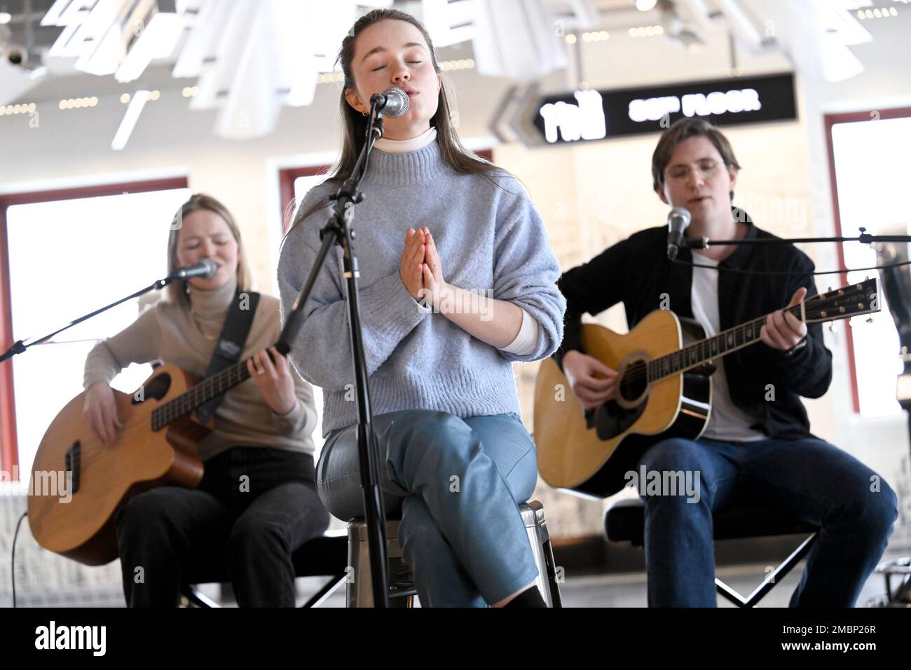 Norwegian singer-songwriter Sigrid, center, performs at the Empire ...