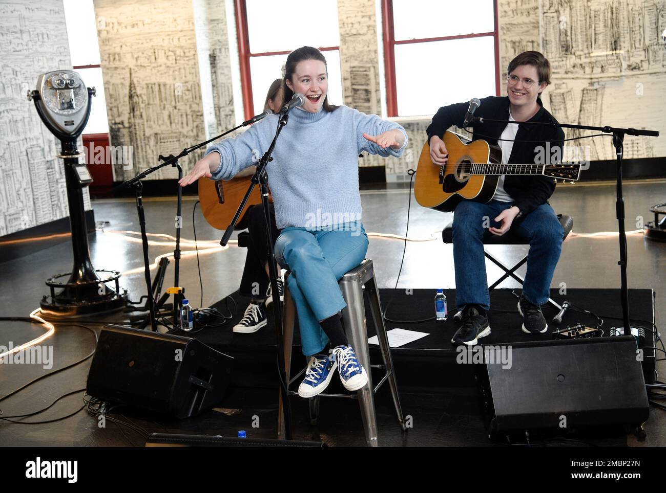 Norwegian singer-songwriter Sigrid, center, performs at the Empire ...
