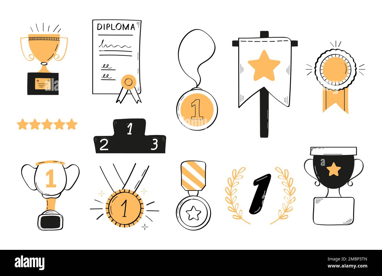 First place doodle icon. Winner prize, champion cup, ribbon in hand ...