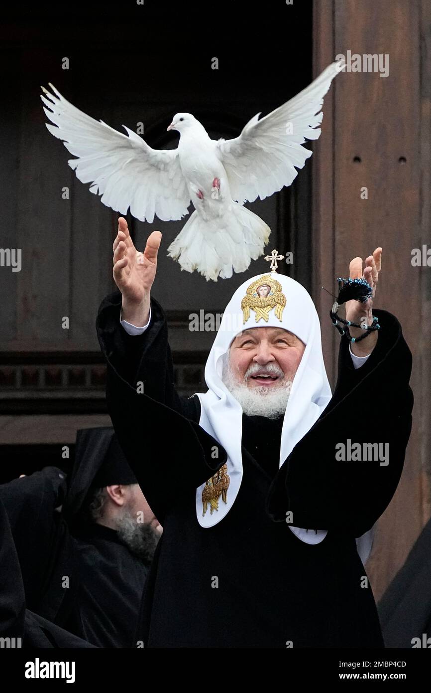 Russian Orthodox Church Patriarch Kirill releases a bird celebrating ...