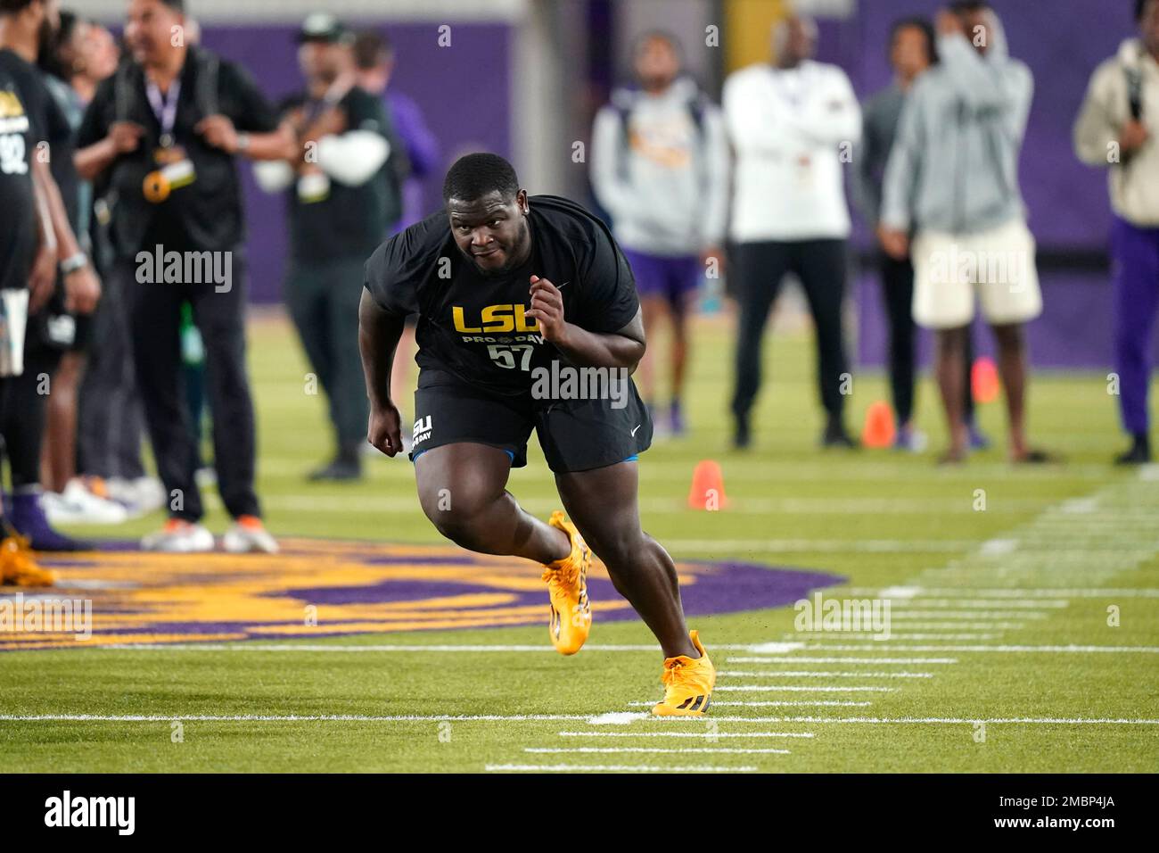 LSU guard Chasen Hines runs through drills during LSU Pro Day in Baton ...