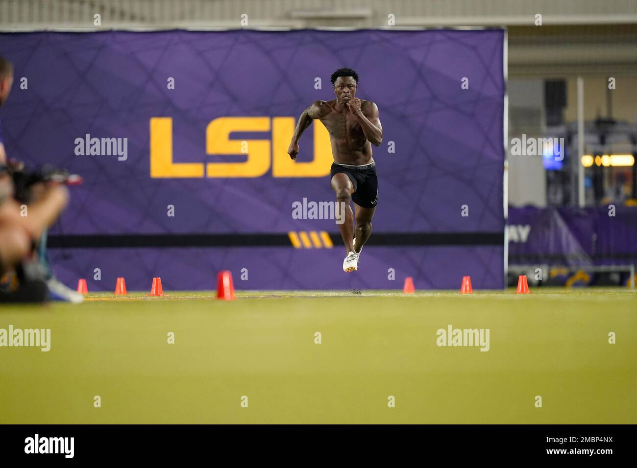 LSU wide receiver Jontre Kirklin runs through drills during LSU Pro Day ...