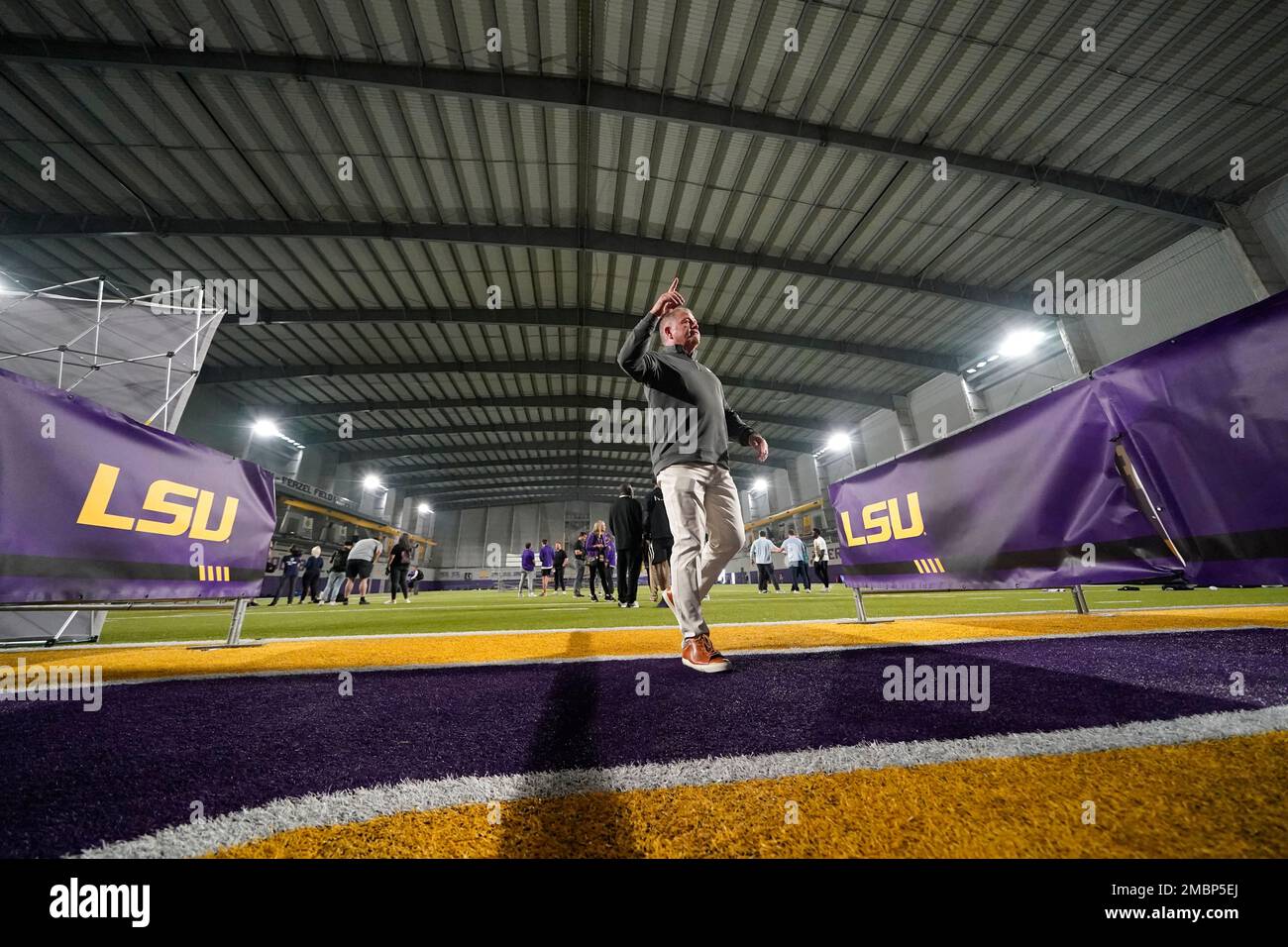 LSU head coach Brian Kelly walks on the field during LSU Pro Day in ...