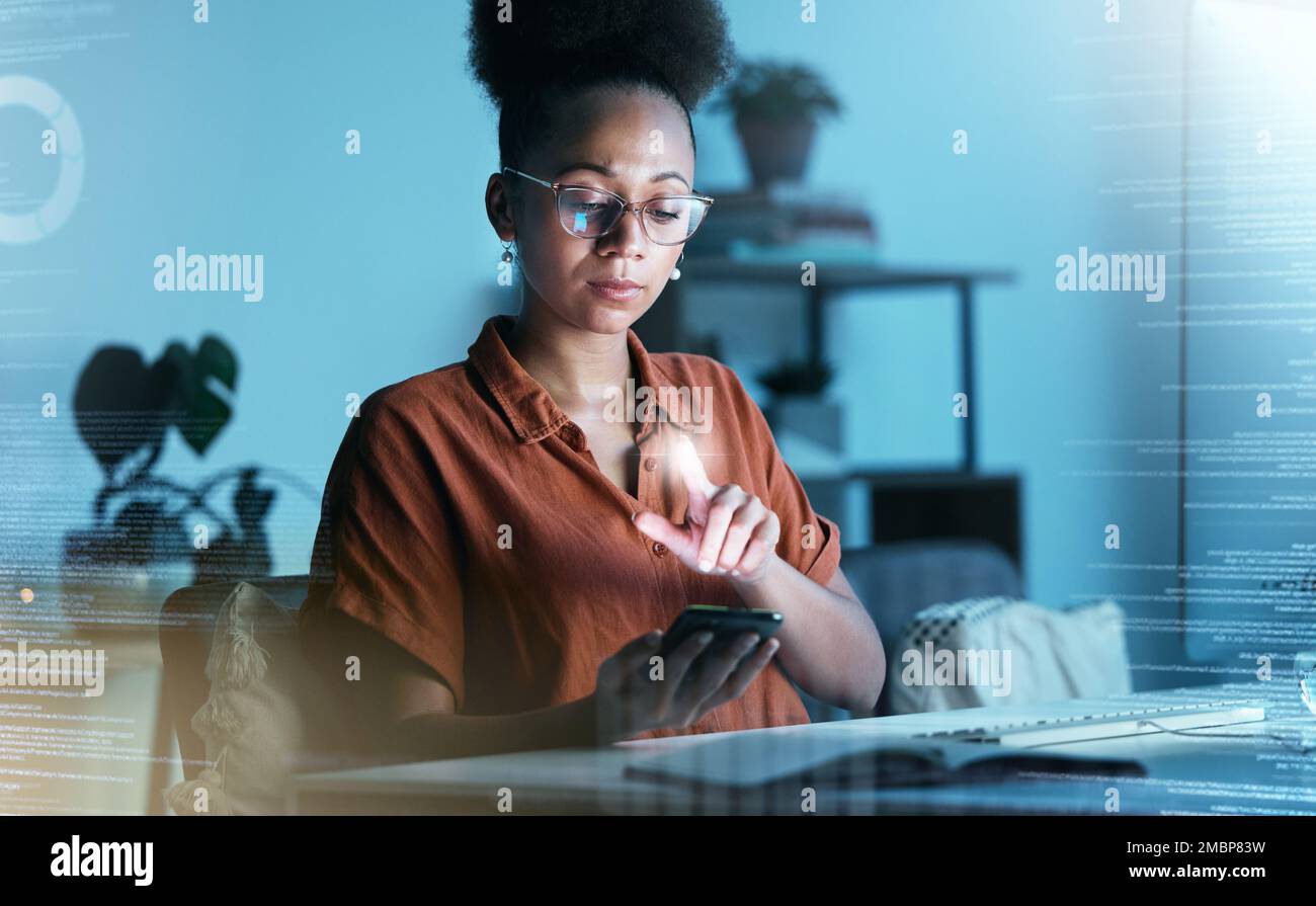 Hologram, futuristic overlay and black woman with phone in a business ...