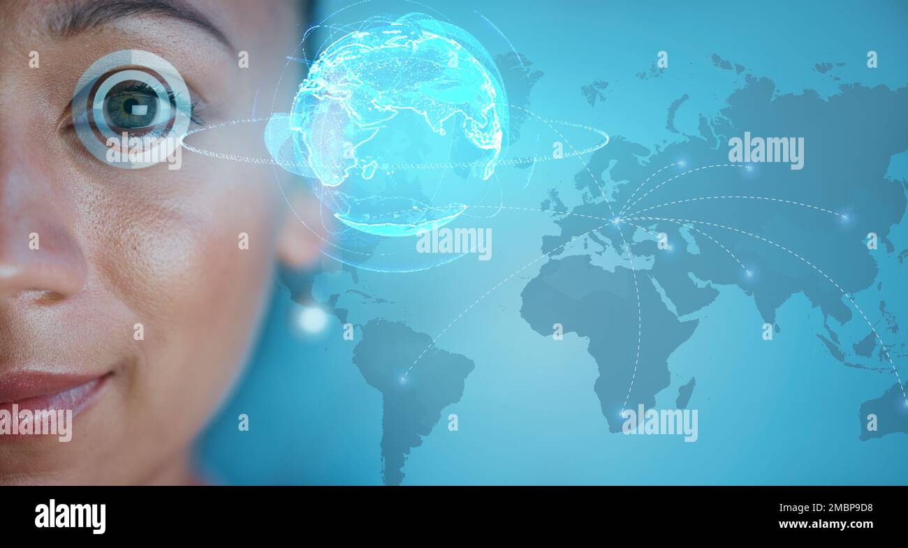 Woman, face and eye scanner in biometrics for global networking, cyber ...