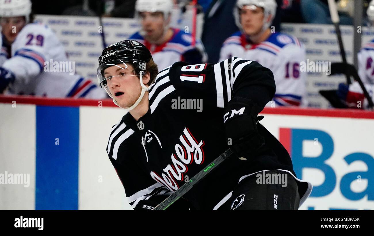 New Jersey Devils' Dawson Mercer (18) during the second period of an ...