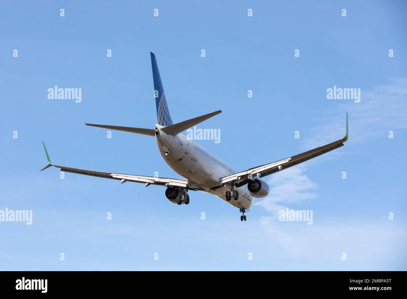 A United Airlines 737-900ER with Eco-Skies Alliance livery comes in for ...