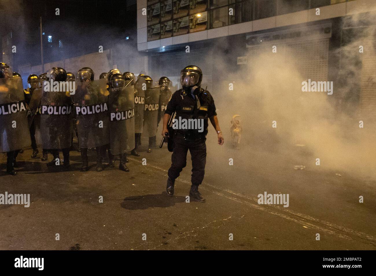 Lima, Peru. 20th Jan, 2023. Police fire tear gas during a demonstration ...