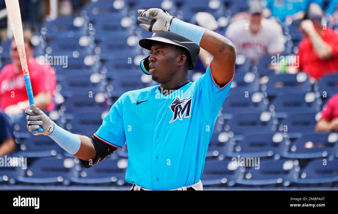 Miami Marlins' Jesus Sanchez bats during a spring training baseball ...