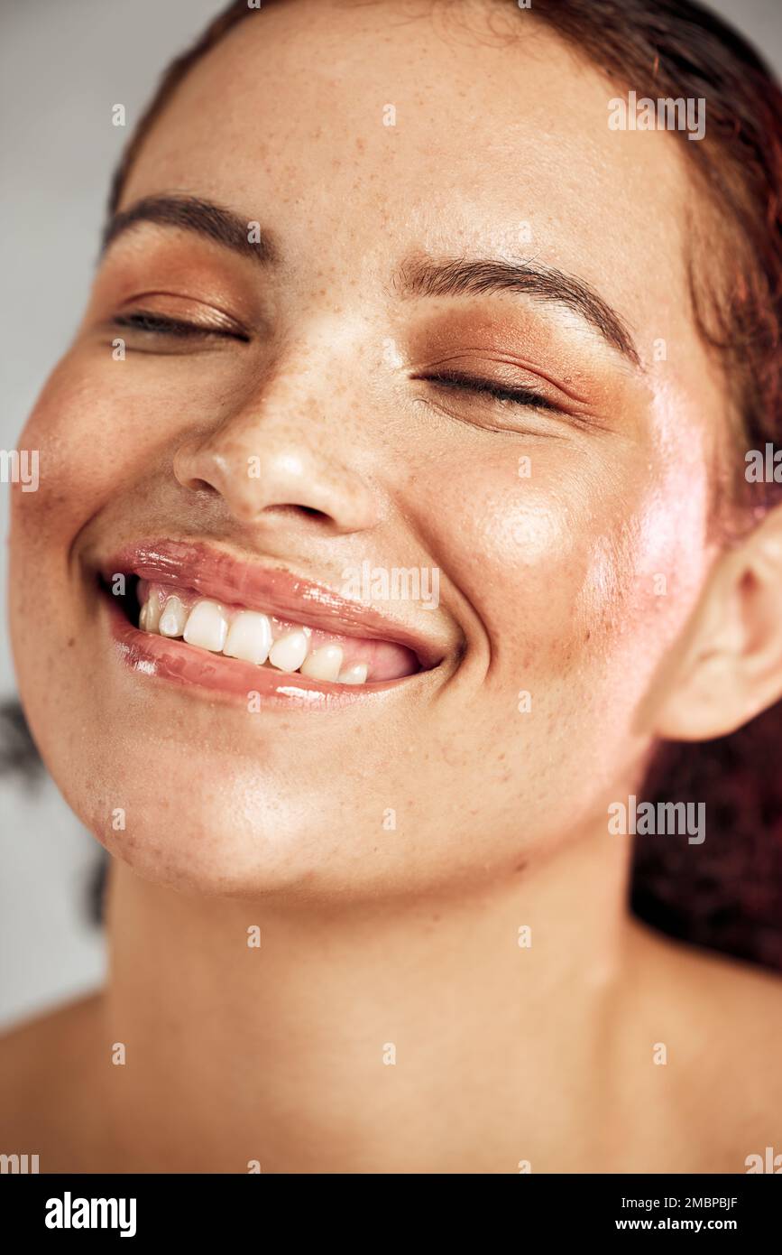 Skincare, natural beauty and face with a smile of happy person for ...