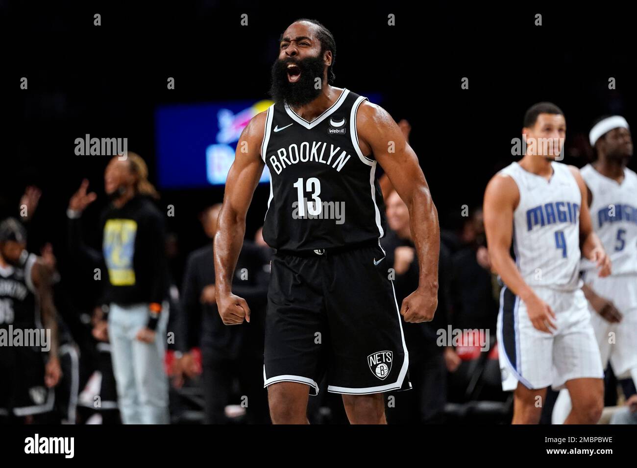 FILE - Brooklyn Nets guard James Harden reacts during the second half ...