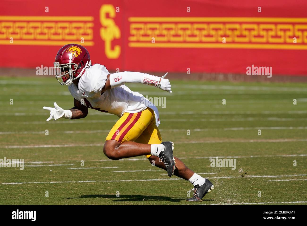 Southern California safety Max Williams goes through drills during NCAA ...