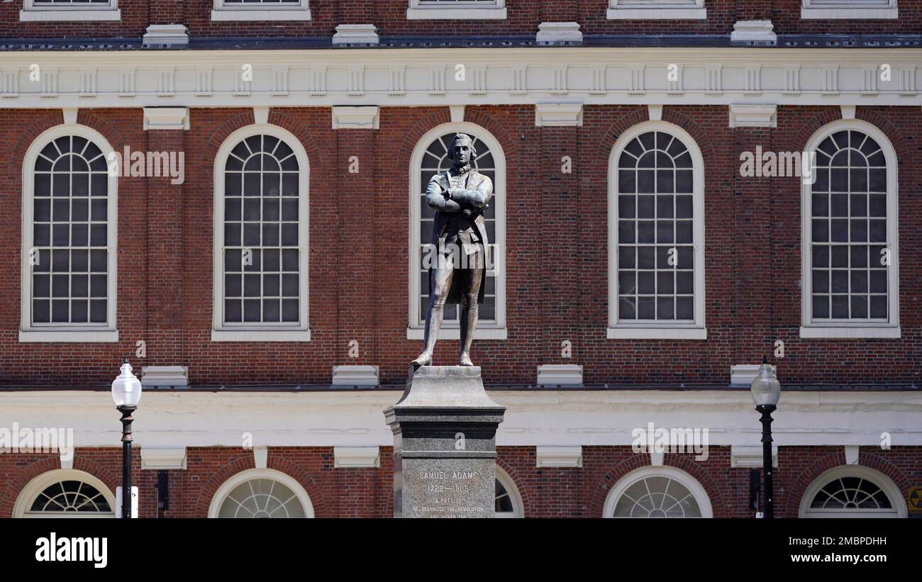The statue of Patriot Samuel Adams outside Faneuil Hall, Tuesday, April ...