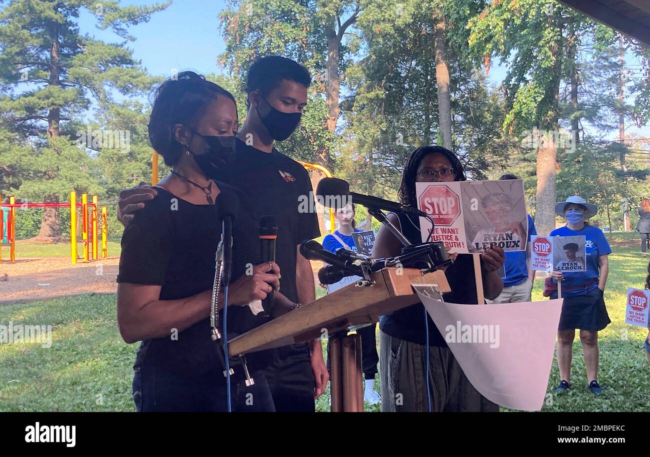 FILE - Rhonda LeRoux, left, speaks to reporters about the killing of ...