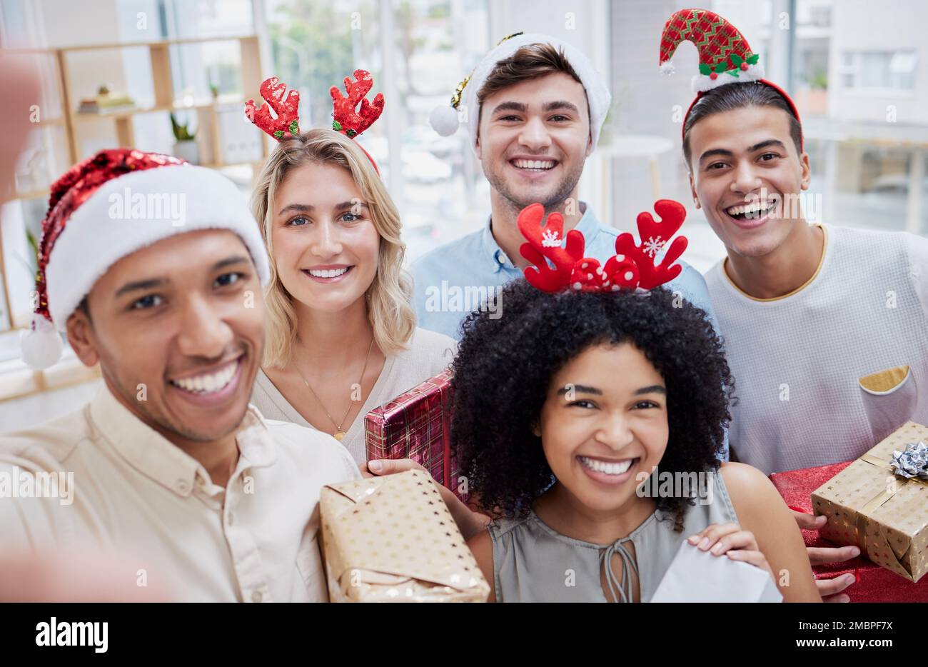 Christmas party, selfie and business people with gifts taking pictures ...