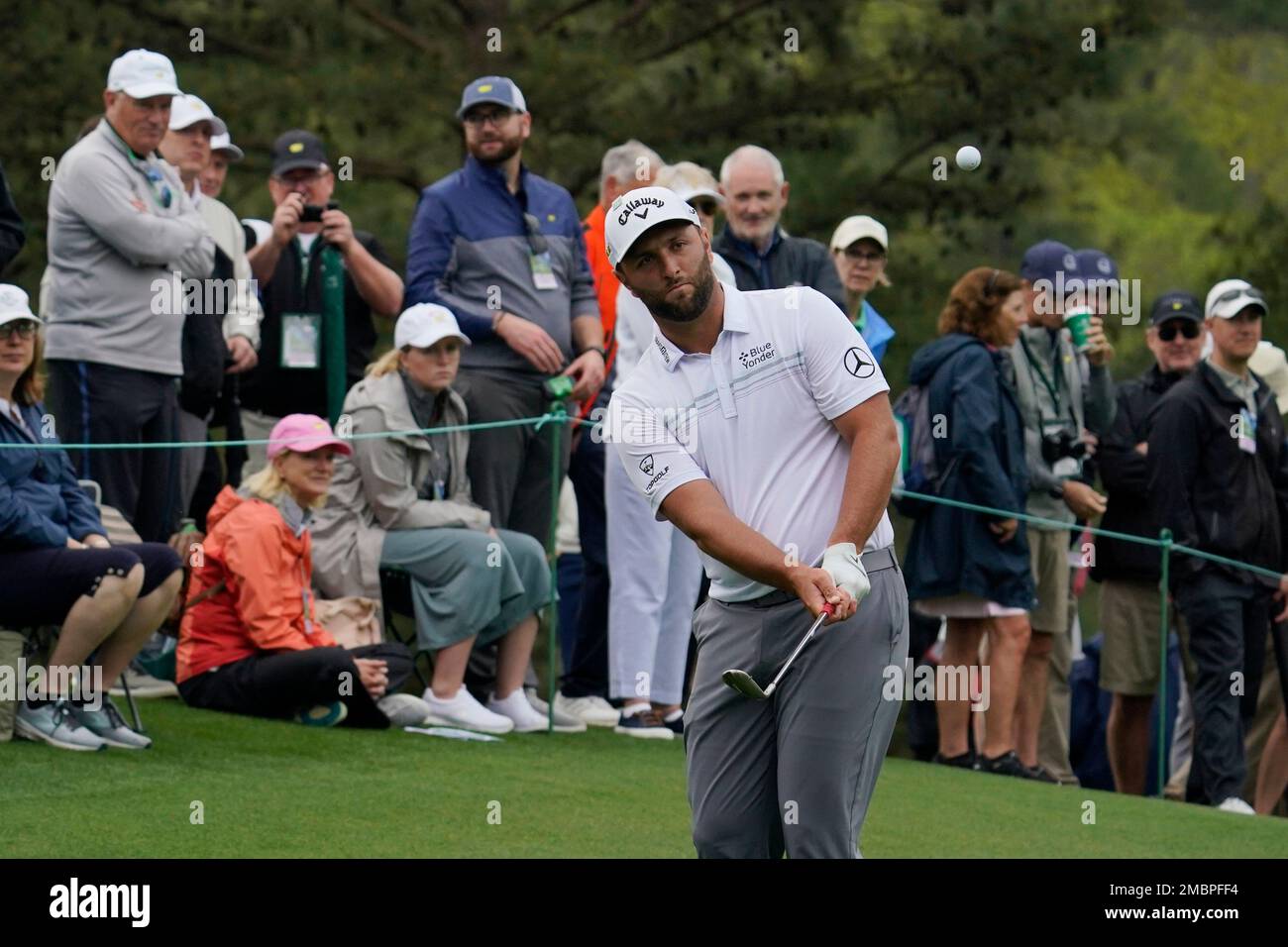 Jon Rahm, of Spain, hits on the 14th hole during a practice round for ...