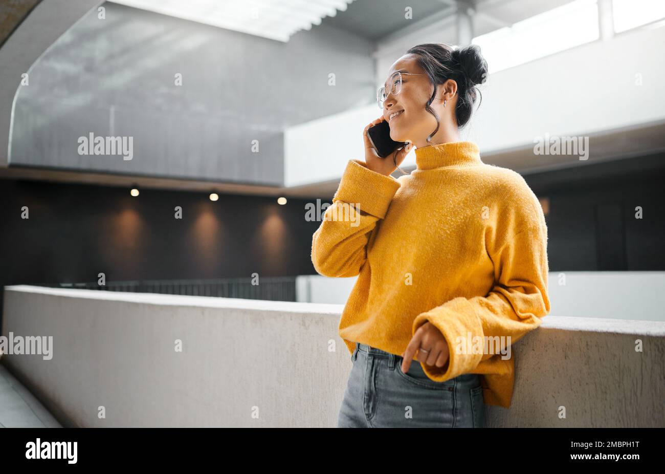 Phone call, communication and mockup with an asian woman talking while ...