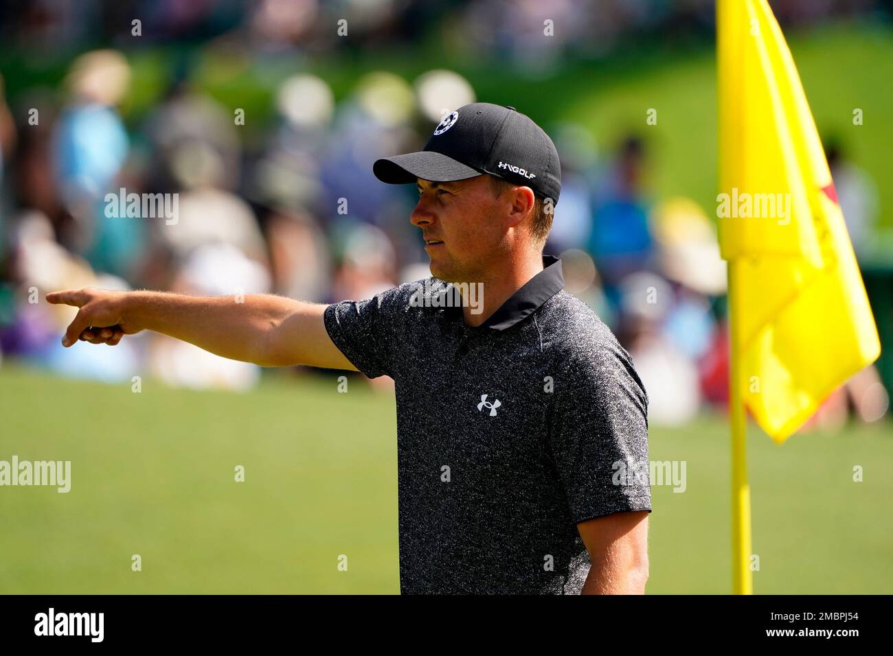 Jordan Spieth gestures on the sixth green during a practice round for ...