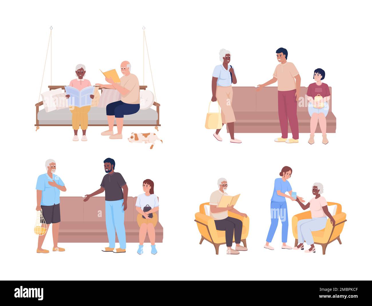 Caring for older adults semi flat color vector characters set Stock ...