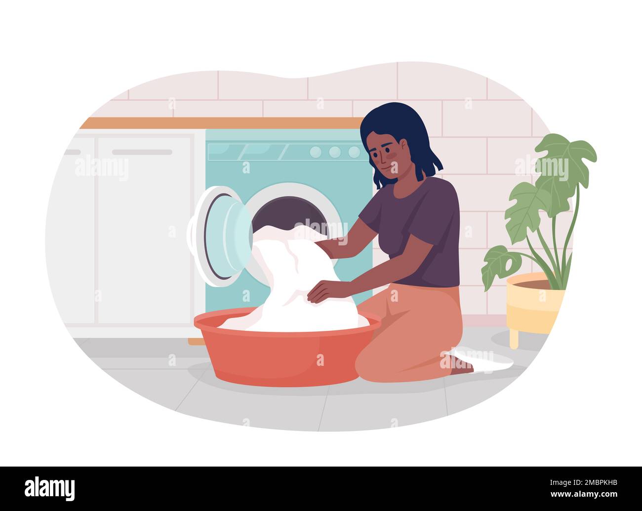 Taking clothes out of washing machine 2D vector isolated illustration ...